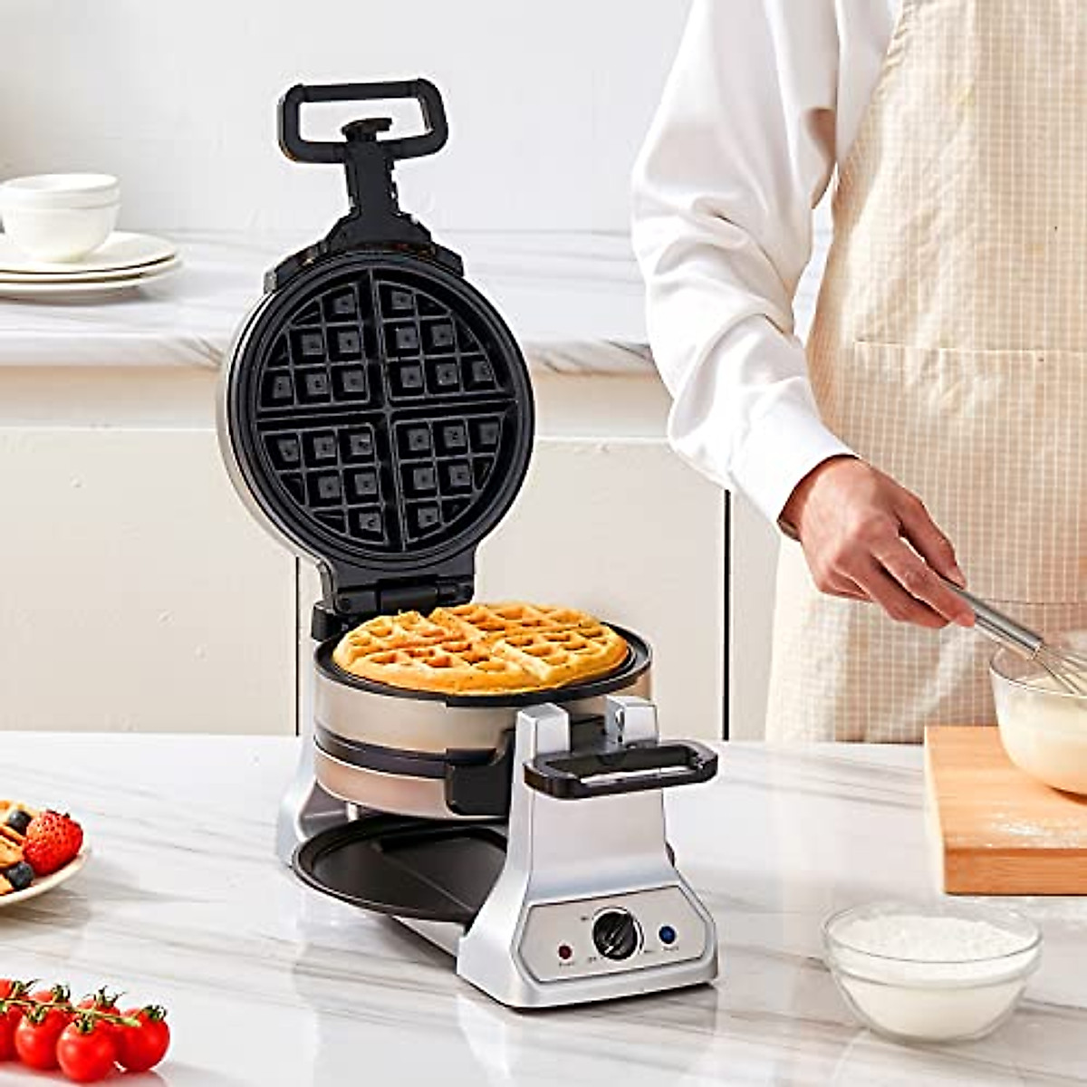 VEVOR 2-Layer Waffle Maker, 1400W Round Waffle Iron, Non-Stick Waffle Baker Machine with Browning Control, 180° Rotable Belgian Waffle Maker, Teflon-Coated Baking Pans, Stainless Steel Body, 120V