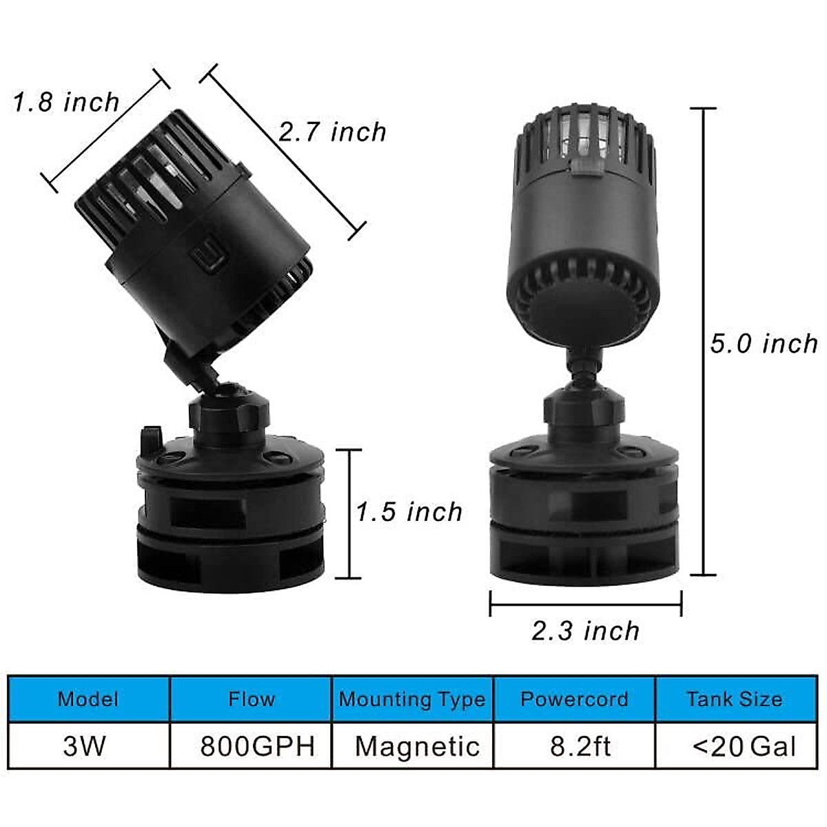DOMICA Aquarium Wave Maker Power Head with Magnetic Mount Suction 800GPH, Fresh or Saltwater Tank Circulation Pump for Under 20 Gallon Fish Tank 3W