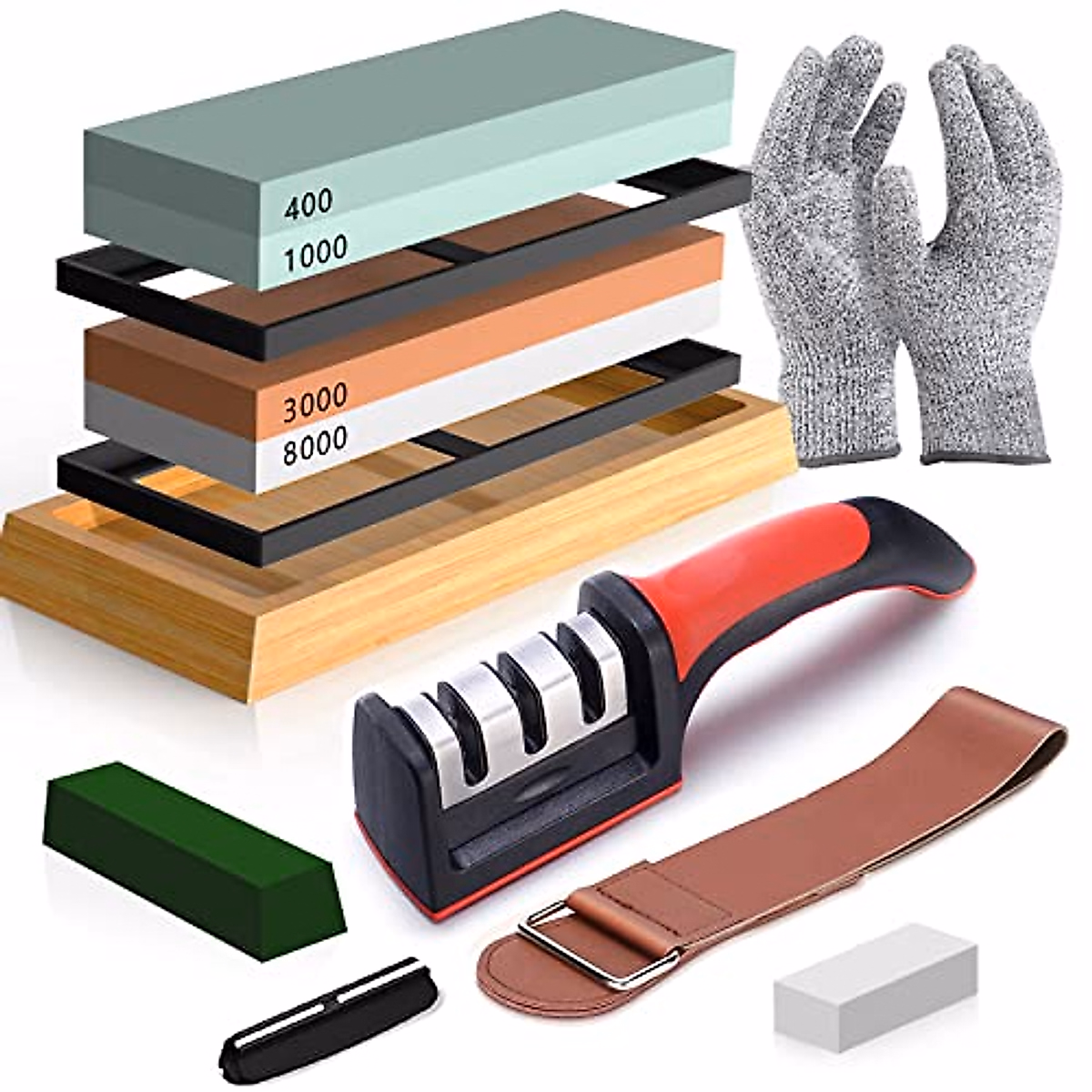 Knife Sharpening Stone Set, 4 Side Grit 400/1000 3000/8000 Whetstone, Professional Knife Sharpener, Knife Sharpening Stone Kit with Bamboo Base,Cut Resistant Gloves,Angle Guide and Leather Strop