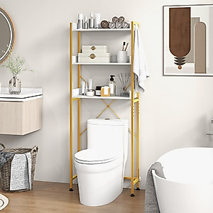 Giantex Over The Toilet Storage Rack, 3-Tier Bathroom Space Saver Organizer with Adjustable Bottom Bar to Fit Most Toilets, Freestanding Above Toilet Storage Rack, Easy Assembly (White + Gold)