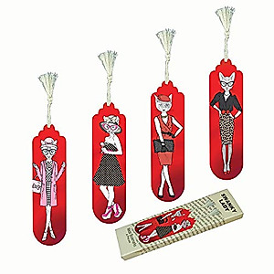 Pictor Gift Swanky Lady Decorative 4 Piece Bookmark Set, Artwork, Funny, Student, Teacher, School, Office, Best Gift Idea for Reader, Book, Cat, Lovers, Metal Pressed with Tassels, Suede Back