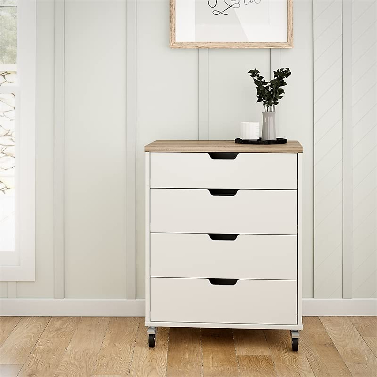 Systembuild Evolution Versa 4 Drawer Storage Cart in White and Weathered Oak