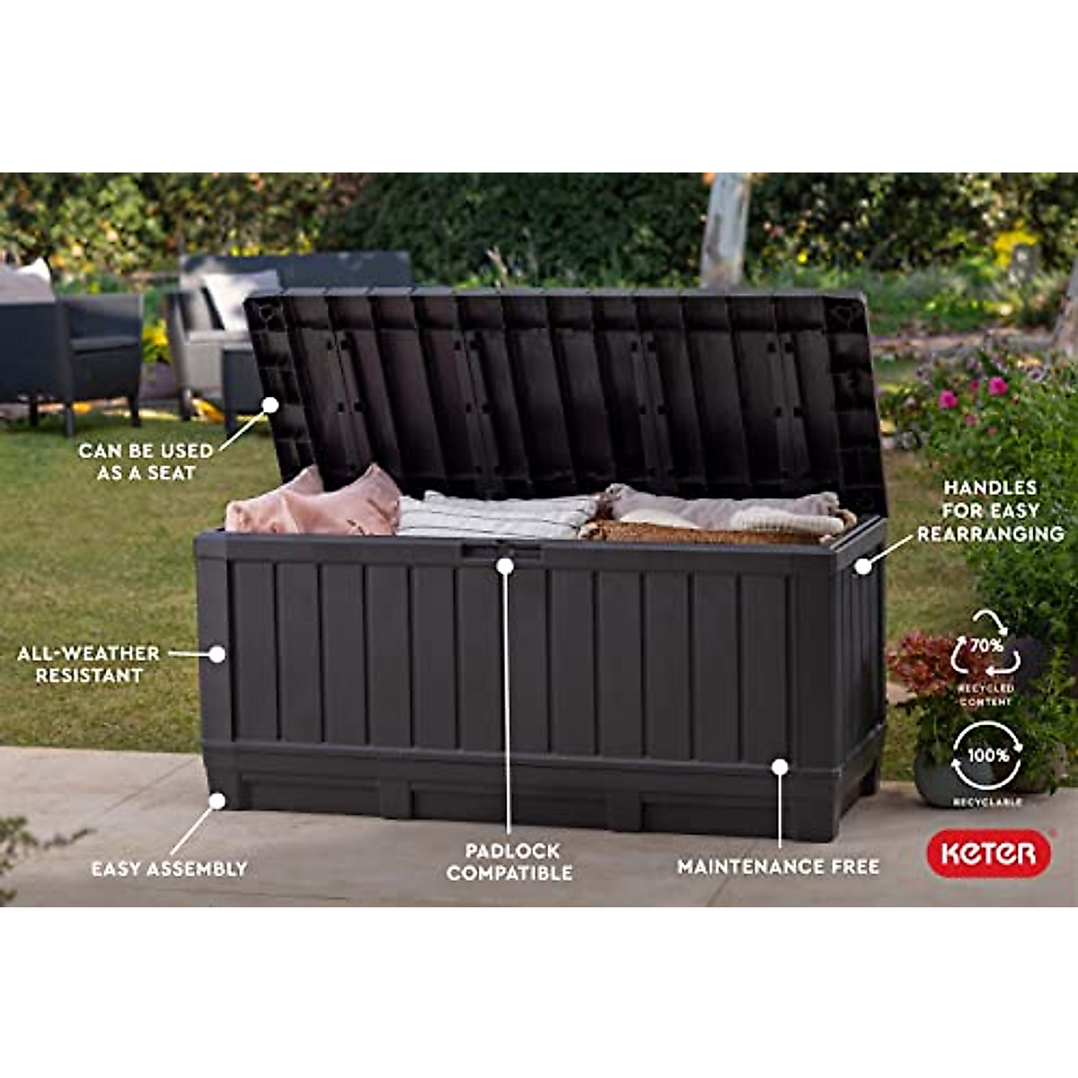 Keter Kentwood 90 Gallon Resin Deck Box-Organization and Storage for Patio Furniture Outdoor Cushions, Throw Pillows, Garden Tools and Pool Toys, Graphite