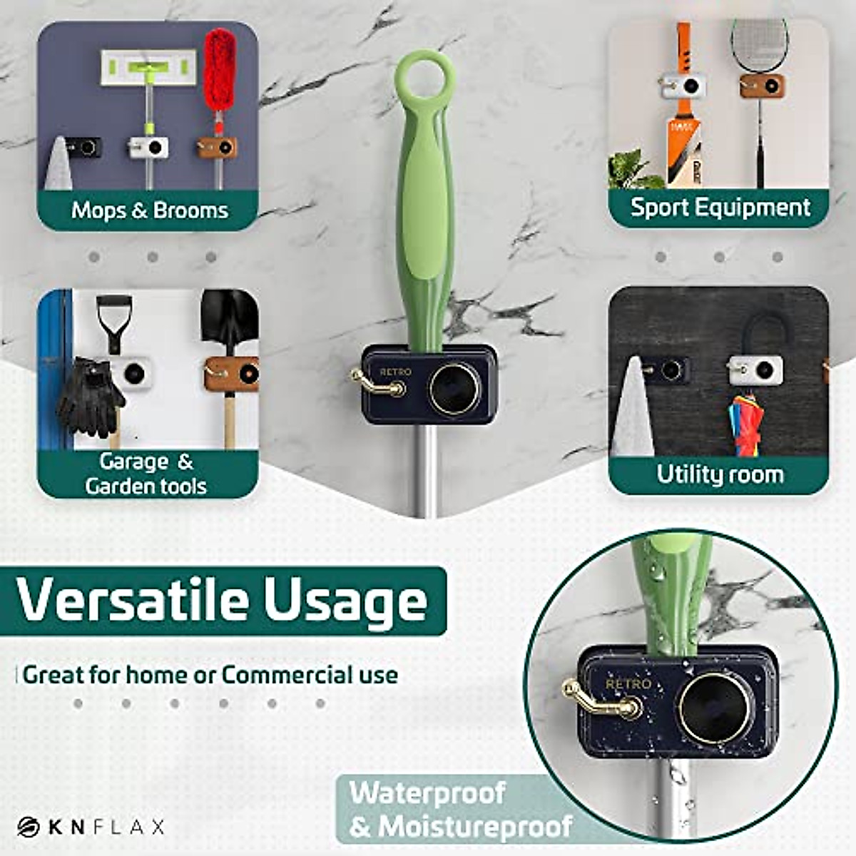 KN FLAX Broom Holder Wall Mount Self Adhesive Broom Gripper, Cleaning Supplies and Household Hanger for Storage, Laundry and Apartment Room, Must Have Organizer, Multi-Functional Holders - Green