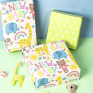 WRAPAHOLIC Reversible Baby Shower Wrapping Paper - Mini Roll - 17 Inch X 33 Feet - Animals & New Baby Design for Birthday, Holiday, Party