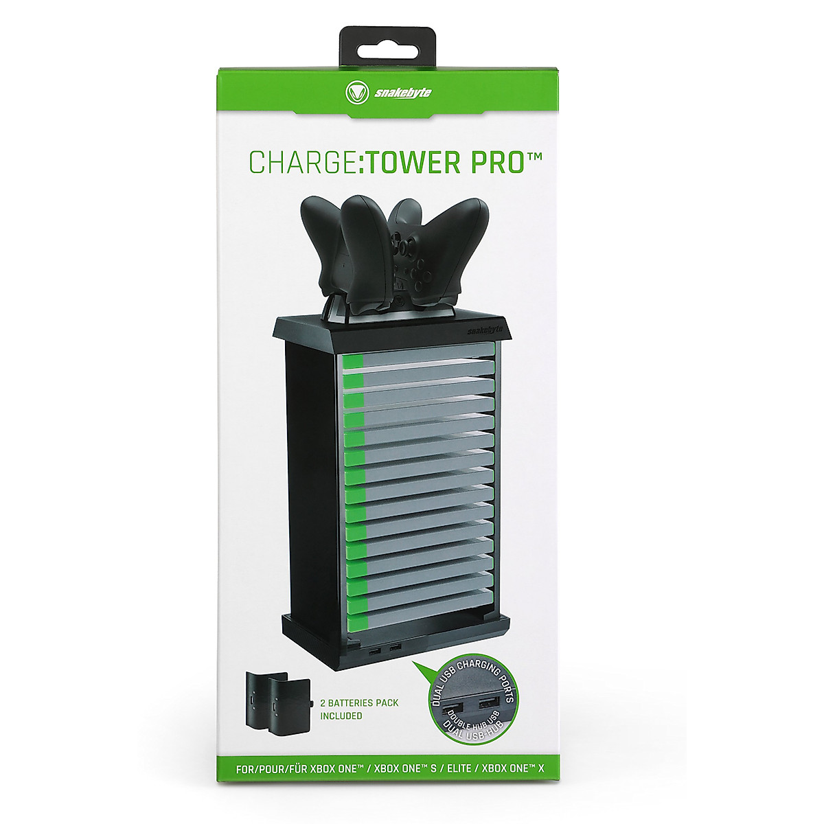 Snakebyte XBOX One Charge Tower Pro - Twin Docking Station with Games Tower for 15 Games, Charger and Battery Packs for 2 Controllers and 2 USB Ports / Gamepad for XBOX One USB Charging Station