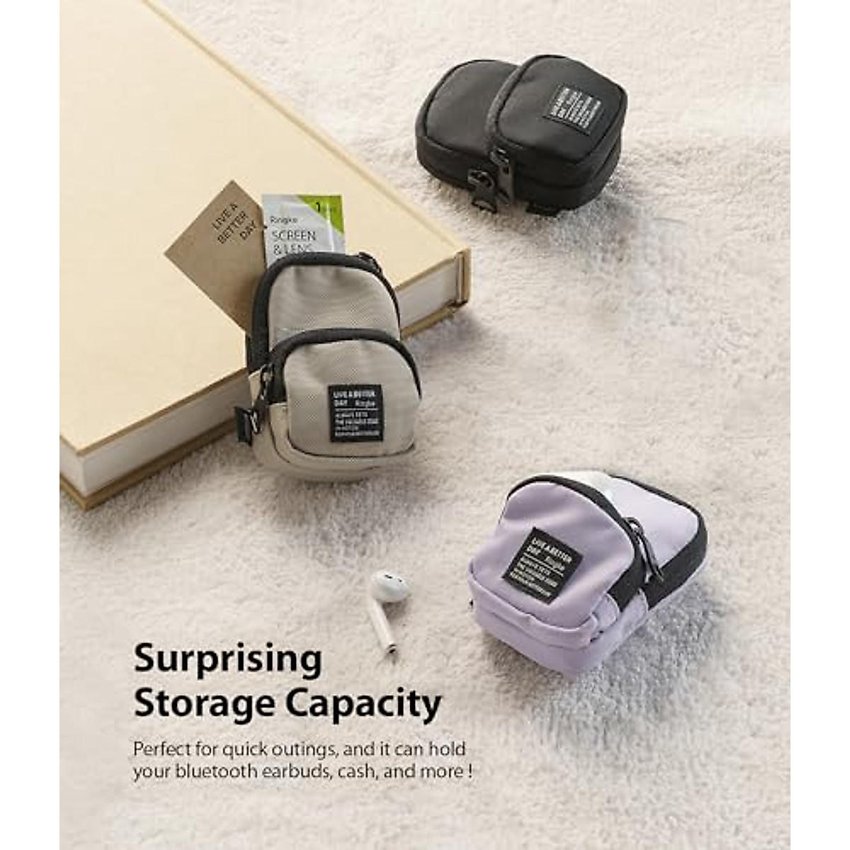 Ringke Mini Pouch Two Pocket, Small Bag for Universal Wireless Ear Buds, Durable Waterproof Keychain Accessories Compatible with AirPods Pro 2nd Generation and AirPods 4 Case - Beige