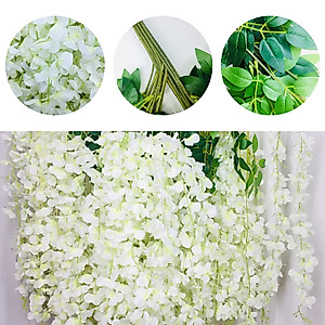 Kmorenew White Wisteria Hanging Flowers - 12 Pack 3.6 Feet/Piece Artificial Fake Wisteria Vine Rattan Hanging Garland Silk Flowers String for Home Party Wedding Garden Outdoor Décor