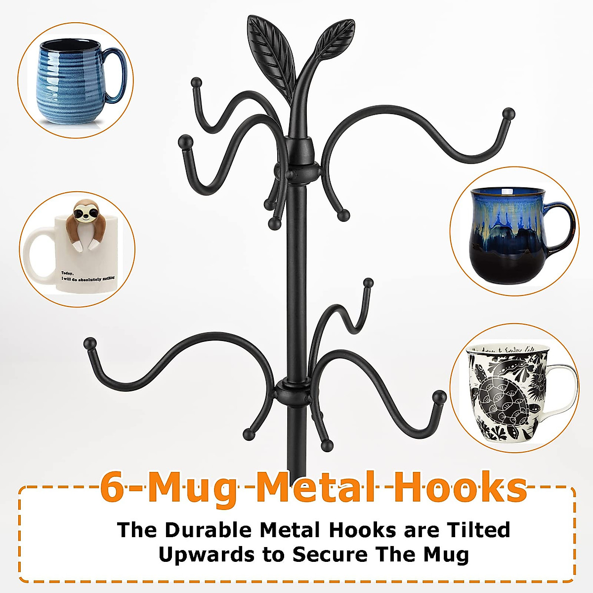 Coffee Mug Holder for Large Mugs, Mug Tree for Counter, Coffee Cup Holder for Countertop, Mug Rack with Tray, Metal Coffee Mug Tree with 6 Hooks, Coffee Counter Bar Accessory & Kitchen Home Organizer