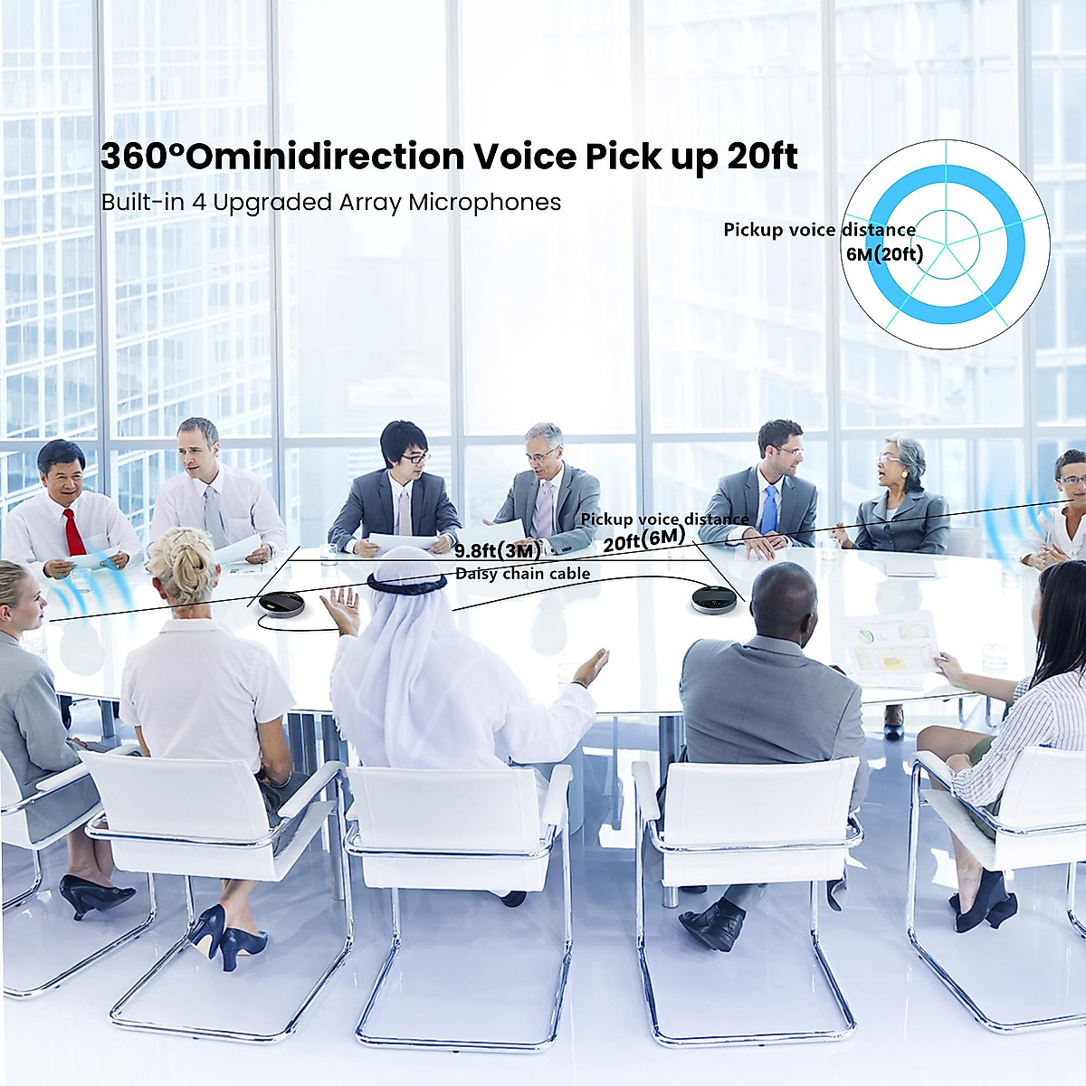 TONGVEO Bluetooth Speakerphones Conference Microphone,2 in 1 Daisy Chain Conference Speakers with Microphone,360° Voice Pickup Noise Reduction 8 Hour Call Time for up to 20 Attendees Meeting