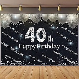 Silver and Black Happy 40th Birthday Backdrop Banner Decorations for Women Men 40 Years Old Bday Background Photography Party Decor Sign Supplies