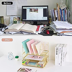 Youbetia Desk Organizers and Accessories - Double Tray and 5 Upright Sections, Office Supplies Desk Organizer with Drawer, File Office Organization with Binder Clips, Gold