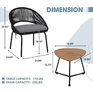 COBANA 3 Piece Patio Bistro Set, Outdoor Woven Rope Conversation Balcony Furniture Set with Wood Coffee Table and Cushioned Chairs for Garden, Backyard, Deck, Poolside, Black