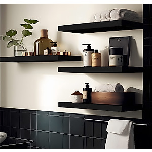 IKJZIZP Rustic Farmhouse Floating Shelves for Wall Decor Storage Wood Wooden Wall Shelves for Bedroom Bathroom Kitchen Living Room - Black Set of 4