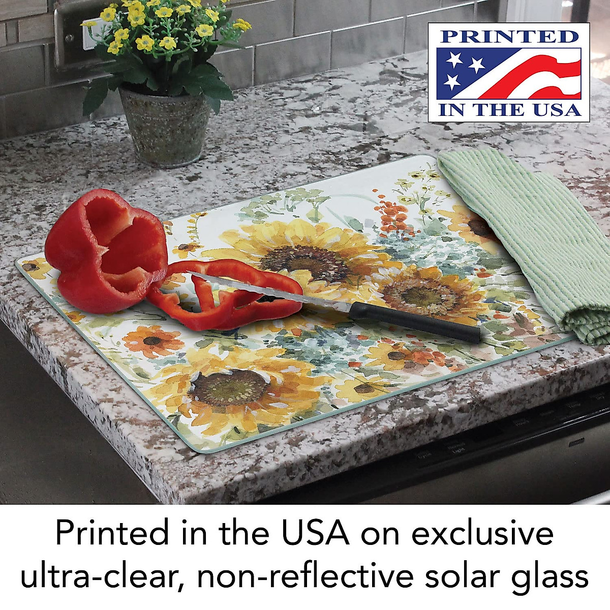 CounterArt Sunflowers Forever 3mm Heat Tolerant Tempered Glass Cutting Board 15” x 12” Manufactured in the USA Dishwasher Safe