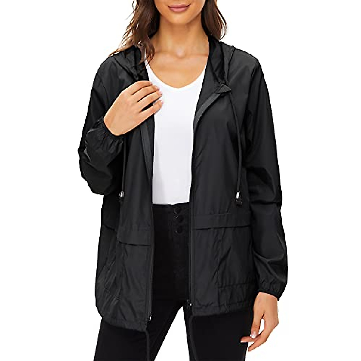 Zando Lightweight Rain Jacket Women with Hood Packable Raincoats for Adults Women Plus Size Rain Jackets for Women Waterproof Anorak Jacket Womens Windbreaker Jacket Black XL
