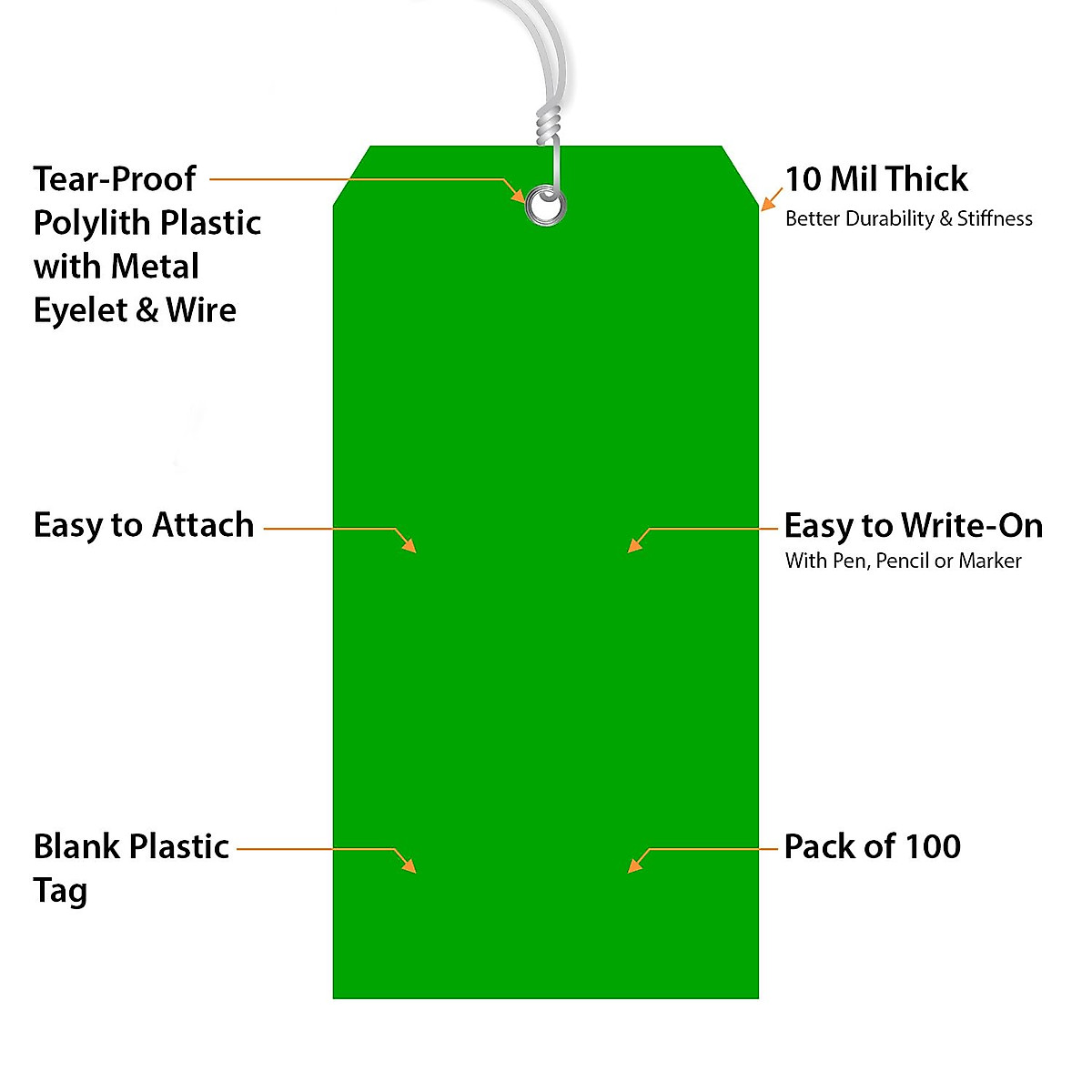 SmartSign (Pack of 100) Green Plastic Tags with Wires, 6.25 x 3.125 inch, Metal Eyelet, 10 mil Tear-Proof Polylith Plastic, Writable