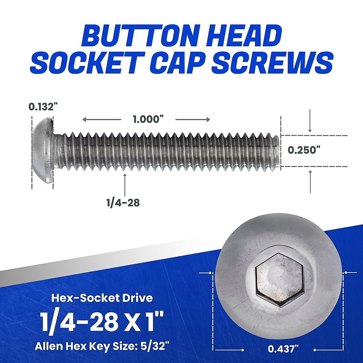 Fastenere Button Head Socket Cap Screws - 1/4-28 x 1" (25 Pack) Stainless Steel 18-8, Full Thread, Bright Plain Finish, Corrosion-Resistant, Machine Thread, Easy to Install w/Allen Socket Drive