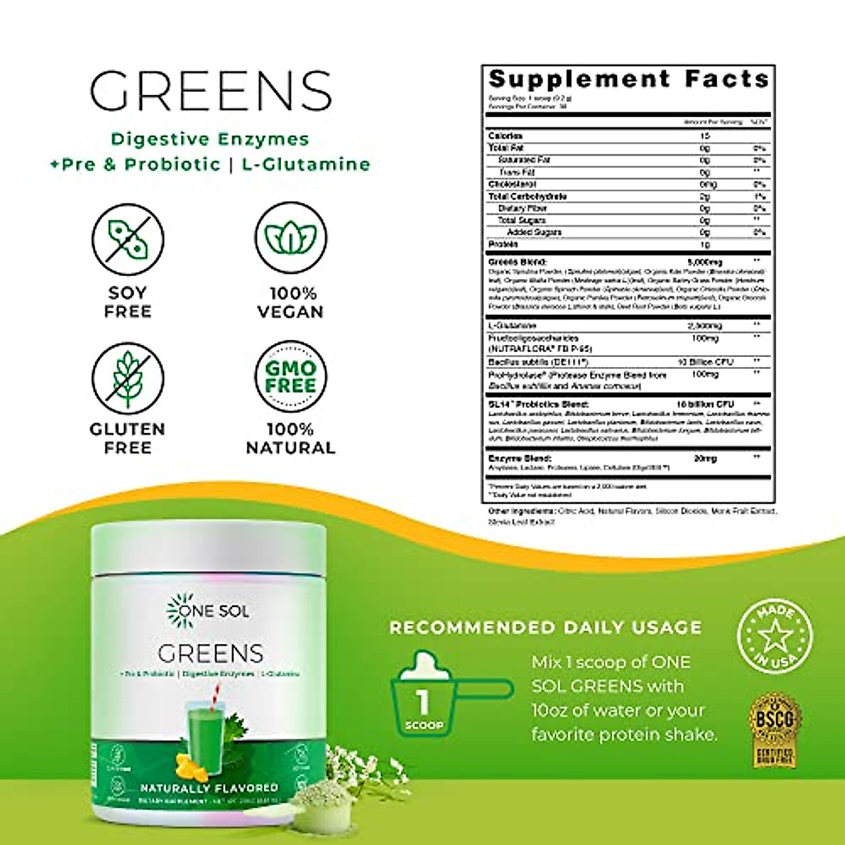One Sol Greens, Super Greens Powder to Reduce Bloating & Improve Gut Health, Superfood Fresh Bloom Organic Greens Blend Juice & Smoothie Mix, Pre & Probiotic with Digestive Enzymes, Vegan & Soy Free