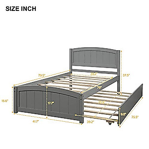 Merax Twin Size Solid Wood Platform Bed with Trundle, Wooden Slats Support, No Box Spring Needed, Easy Assembly, Gray