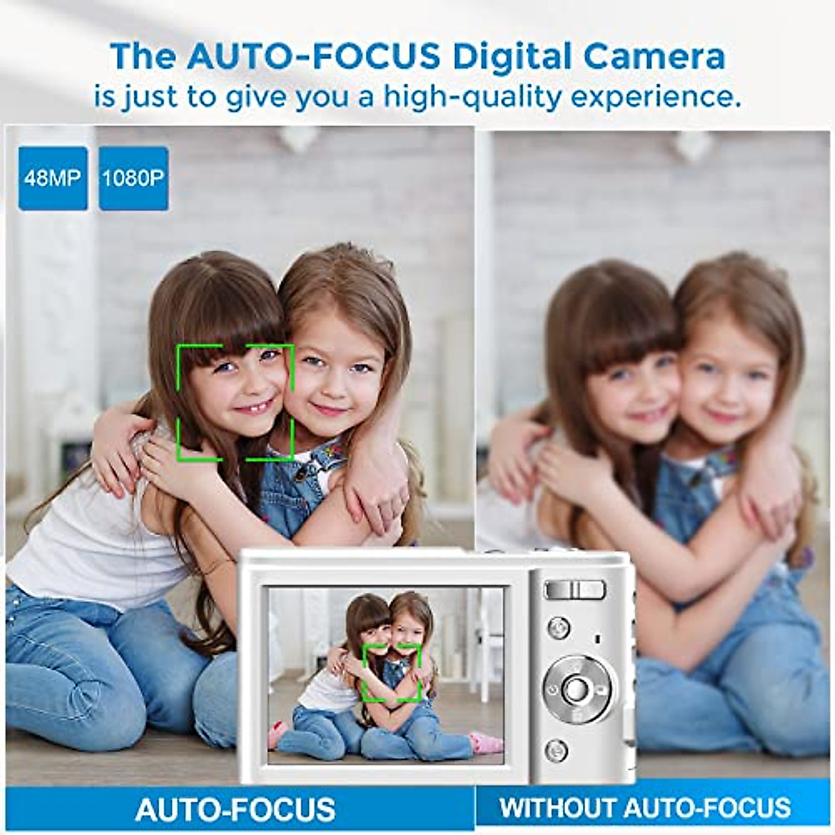 Digital Camera, RUAHETIL Autofocus FHD 1080P 48MP Kids Vlogging Camera with 32GB Memory Card, 2 Charging Modes 16X Zoom Compact Camera Point and Shoot Camera for Kids Teens (Silver)