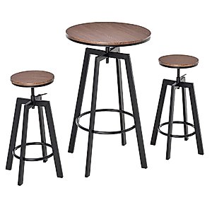 HOMCOM 3 Piece Industrial Adjustable Bar Table Set, Bar Height Bistro Table and Swivel Pub Stools for Small Space