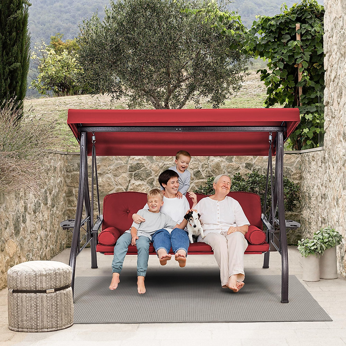 HOMREST 3 Seat Outdoor Porch Swing,Adjustable Canopy Porch Swings,Outdoor Swing with Stand, Patio Glider Chair with Thicken Cushions,Pillow & Cup Holder(Wine Red)