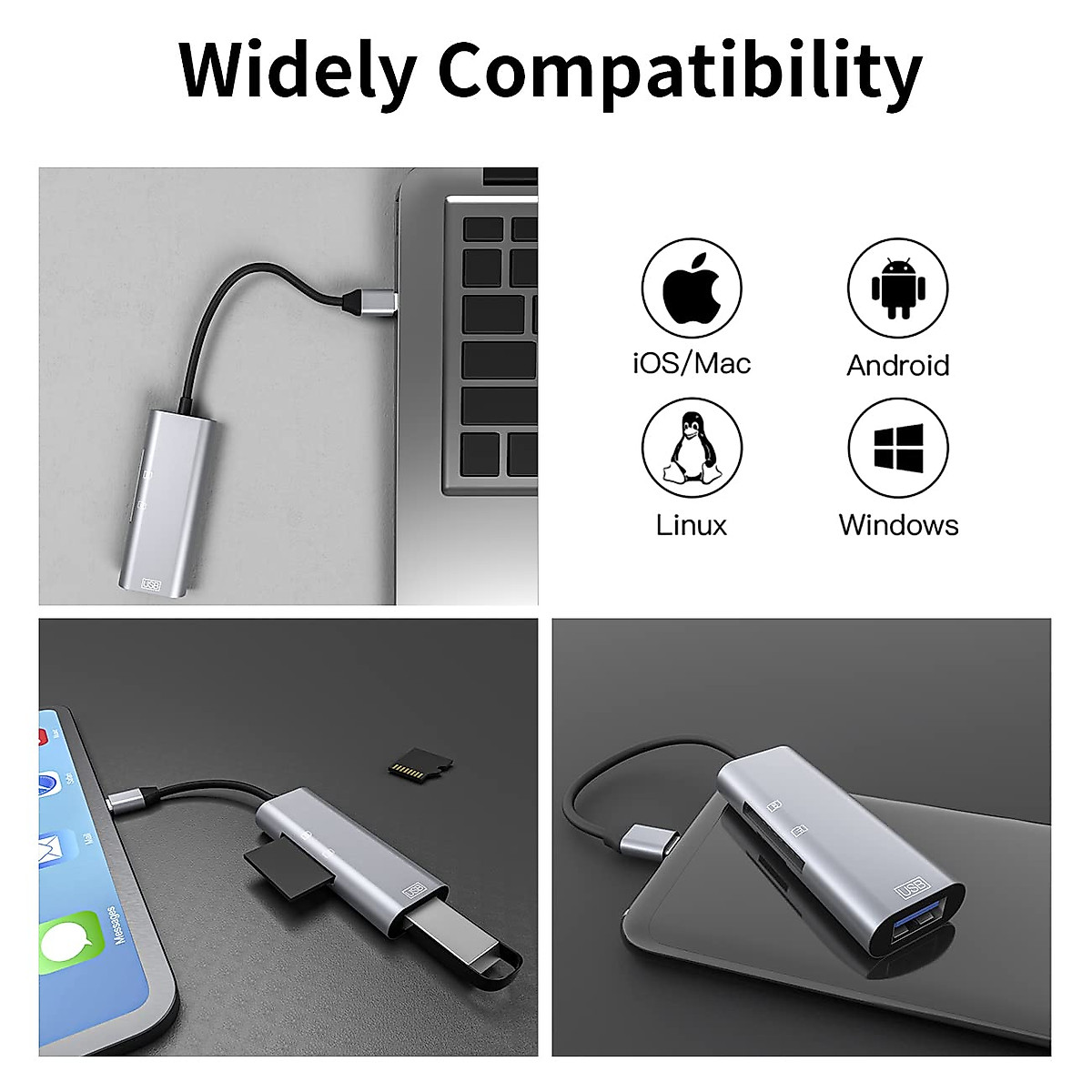 SD Card Reader, USB C to SD, Micro SD Memory Card Reader, Type C to SD Card Reader Adapter for MacBook Camera Android Windows Linux and Other Type C Device-Space Grey