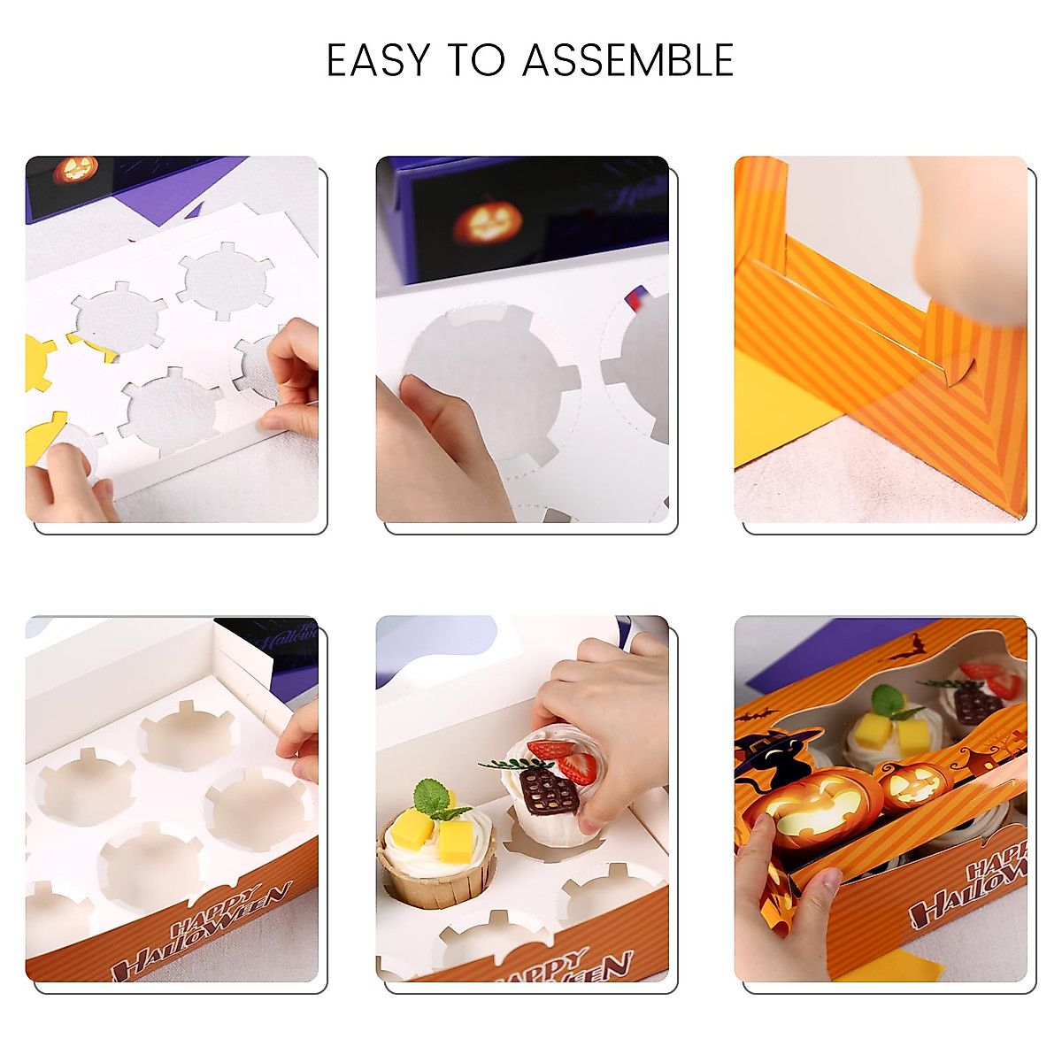 JOHOUSE 6 Count Halloween Cupcake Boxes, 8 Sets Bakery Boxes with Window Halloween Treat Boxes Cupcake Carrier for Birthday Holiday Bakery Supplies Halloween Party Decorations 9.5"x6.3"x3"