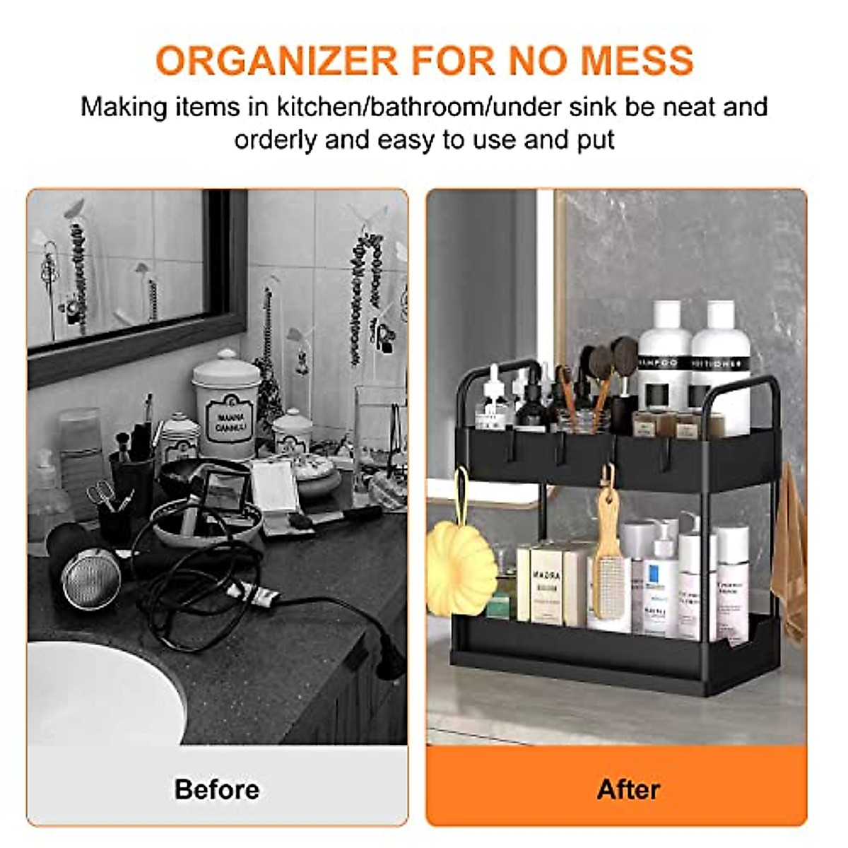 YOWOMTA Under Sink Storage Organizers,2-Tier Sliding Cabinet Drawer Organizer for Bathroom Kitchen,Pull Out Cupboard Organization Basket with Hooks,Hanging Cups,Handles