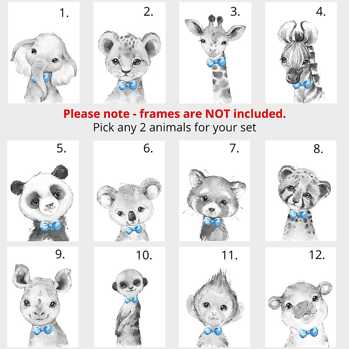 Safari Animals Boys Nursery Bedroom Unframed set of 3 Poster Prints, Personalized Name Blue Green Yellow Bow Tie Wall Art Decor New Baby Gift Present, Elephant Giraffe Lion Zebra (9x12)