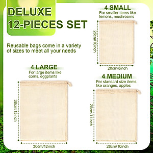 12 Pcs Reusable Produce Bag Various Size Organic Cotton Mesh Produce Double Stitched Bag Washable with Drawstring for Refrigerator Lightweight Vegetable Grocery Fruit Veggie Shopping Onion Storage Bag