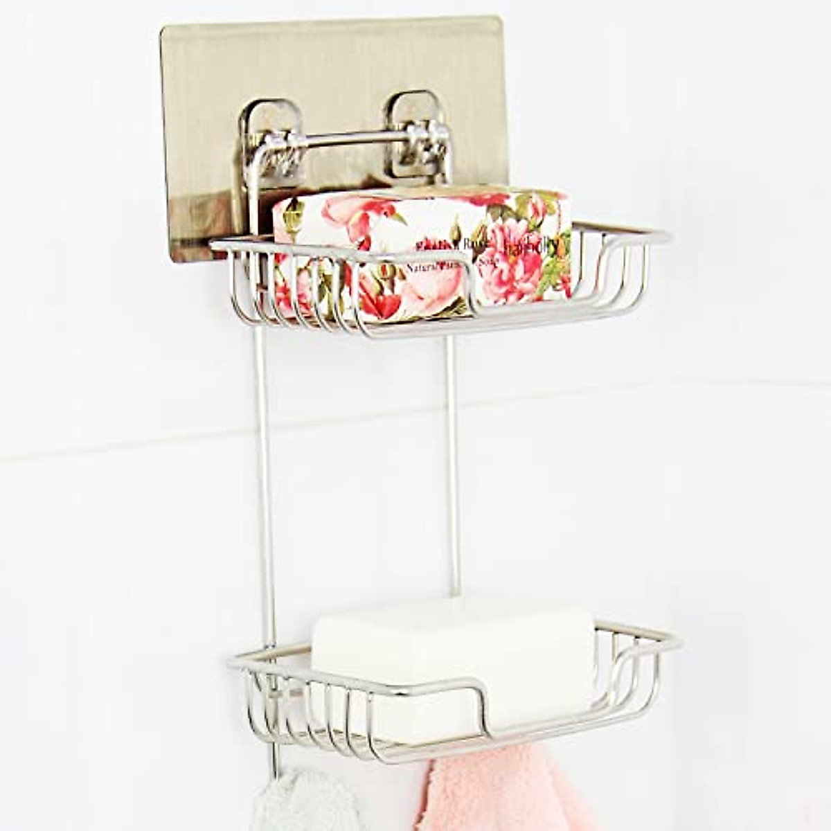 Casaphoria Stainless Steel soap Holder with Hook, Wall-Mounted Bar Soap Sponge Holder is Suitable for Bathroom and Kitchen, Powerful Non-Trace Adhesive No Drilling (Pack of 1)