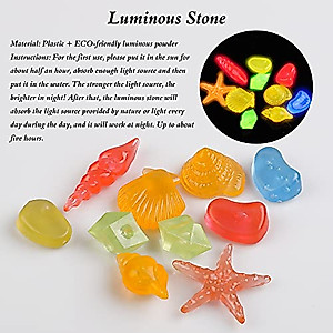 Livfodrm Glowing Fish Tank Decorations Glow Aquarium Decor Coral Ornaments, 2pcs Silicone Flower Plants and 10pcs Colourful Sea Shells/Luminous Stone Glow in The Dark for Aquarium Decoration