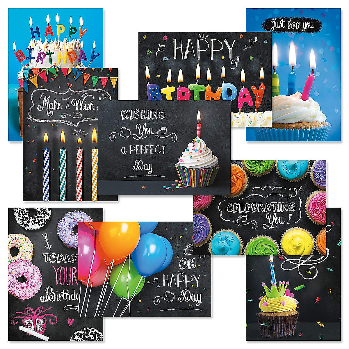 Current Bright Blackboard Birthday Greeting Card Value Pack – Set of 18 (9 Designs), Large 5 x 7 inches, Envelopes Included