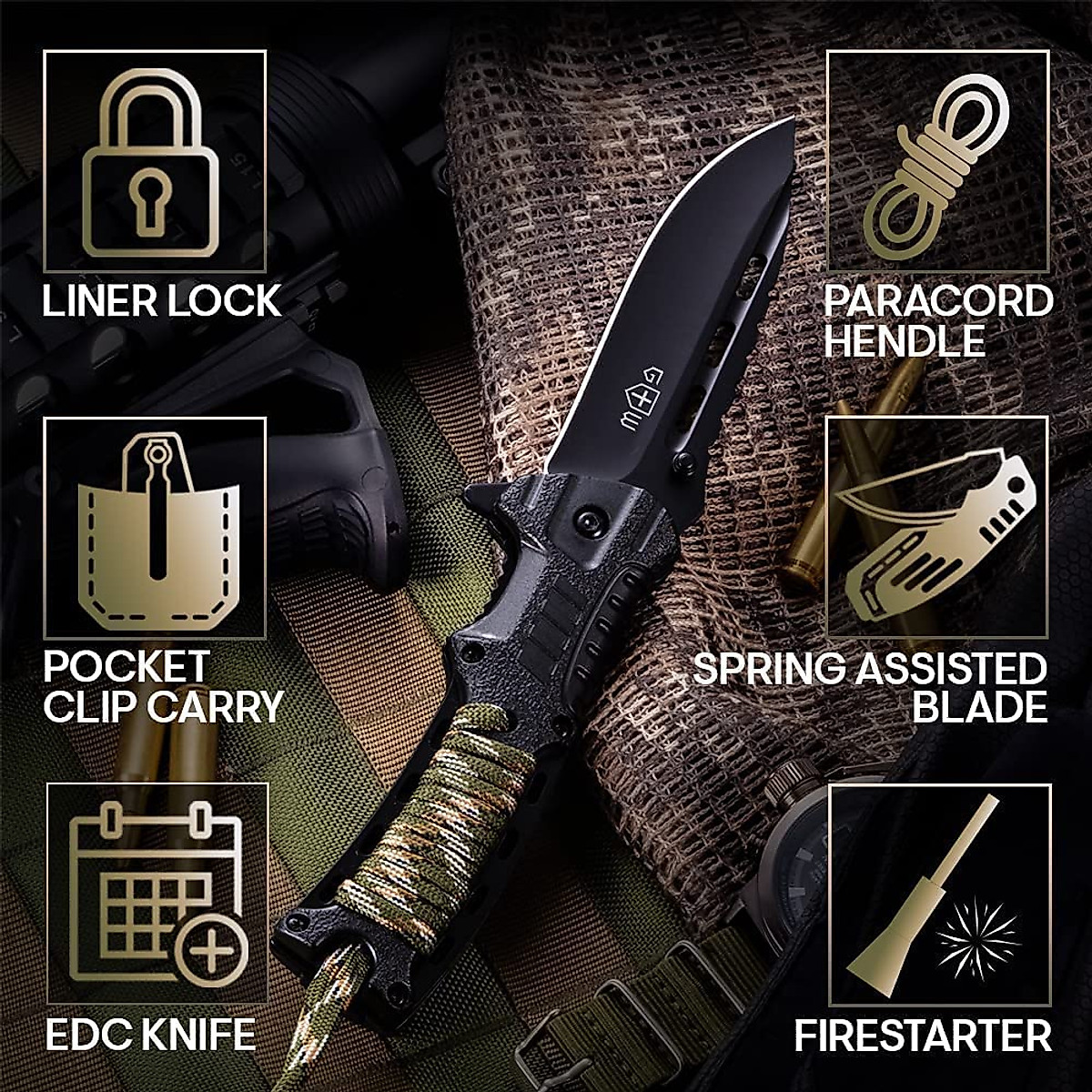 Bundle of 2 Items - Pocket Knife - Tactical Folding Knife - Knife with Fire Starter Paracord Handle - Best EDC Survival Hiking Hunting Camping Knife - Travel Accessories Gear Knife Gifts