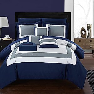Chic Home 10-Piece Bed in a Bag Comforter Set, Brushed Microfiber,Shams, Decorative Pillows and Sheet Set Included, Queen, Navy