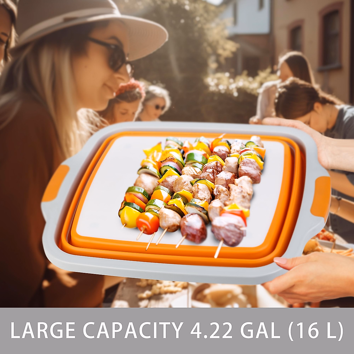 Large Collapsible Cutting Board(4.22 Gal/16L), Foldable Camping Sink with Colander, BBQ Prep Tub with Lid, Multifunction Dish Basin for Kitchen, Bowl, Vegetable and Fruit, Storage Basket for Picnic