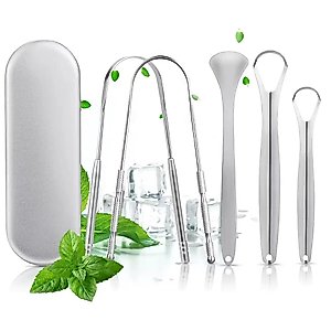 Tongue Scraper for Adult Kids, 5 Pack Stainless Steel Tongue Scraper for Oral Care, Reduce Bad Breath, with Metal Storage Box
