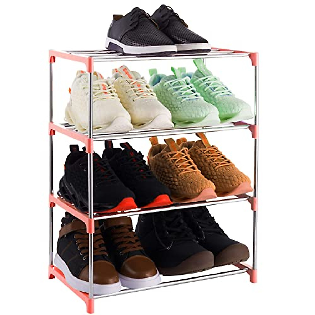 Xerhnan 4-Tier Stackable Small Shoe Rack Pink and 4-Tier Slim Storage Cart Narrow Shelving White