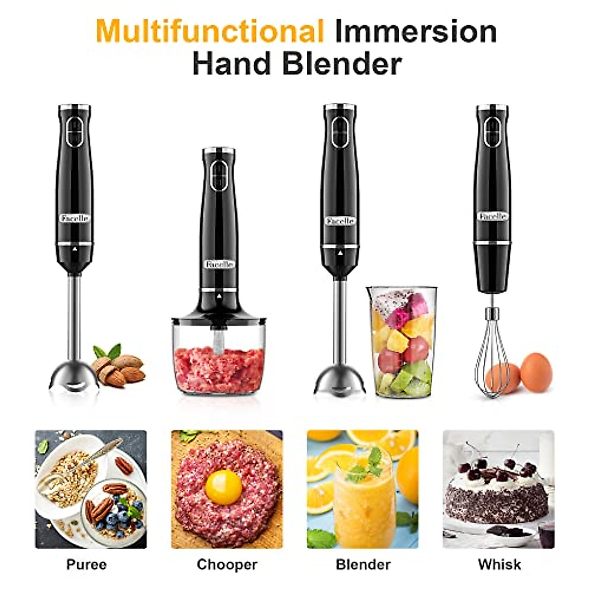Facelle Immersion Hand blender 1000W, 4-in-1 Handheld Smoothie Blender Stick Blender with Chopper, Beaker, Whisk for Smoothie, shakes, Baby Food, Sauces Red, Puree, Soup