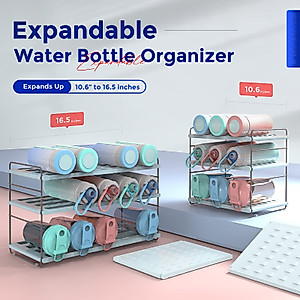 Water Bottle Organizer for Cabinet, 3-Shelf Expandable & Height Adjustable Storage Rack for Kitchen Cabinets Pantry, Tumbler Organizer for Cups with Straws, Holds 15 Bottles (Powder Blue)