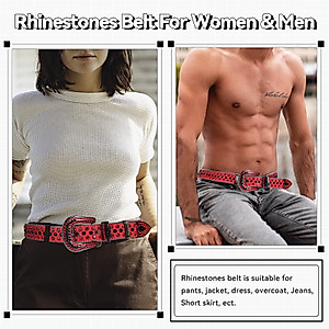 TINIDI Men Women Rhinestones Belt Western Bling Diamond Crystal Studded Leather Belt For Jeans Pants (46: fits waist from 34"-36", Red-Black)