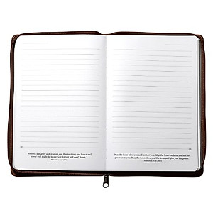 Classic Faux Leather Journal Strong and Courageous Joshua 1:57 Bible Verse, Brown Inspirational Notebook, Lined Pages w/Scripture, Ribbon Marker, Zipper Closure