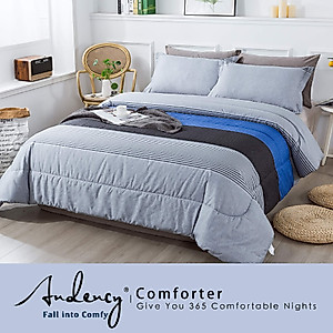 Andency Twin Comforter Set Blue (66x90 Inch), 2 Pieces Patchwork Striped Comforter Bed Sets for Boys, Soft Microfiber Down Alternative Comforter Bedding Set with Corner Loops