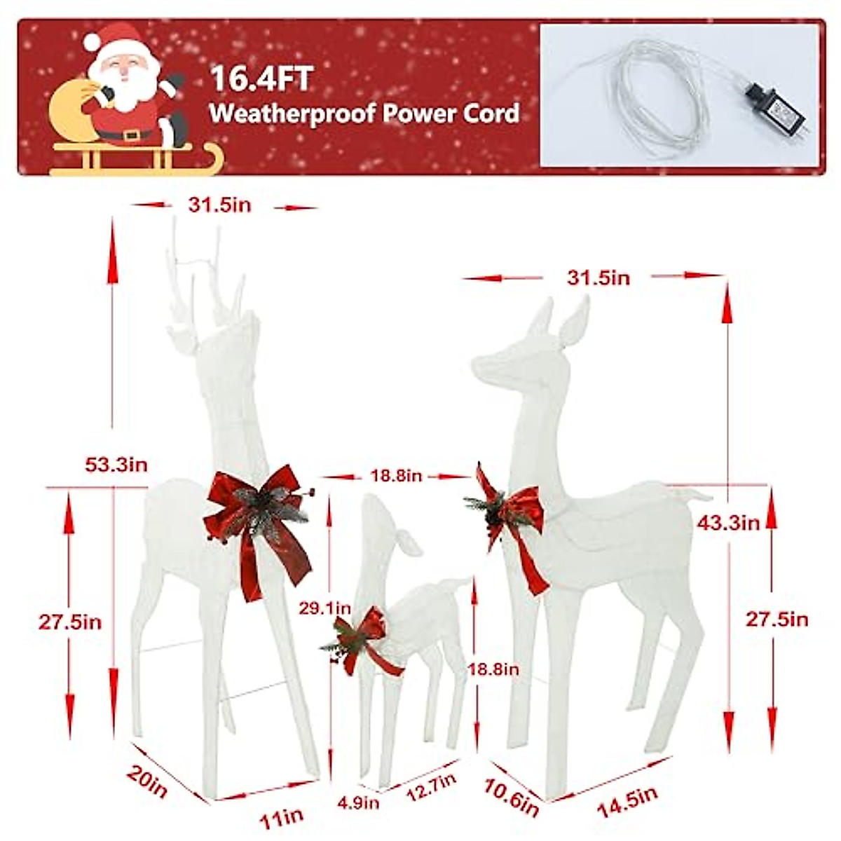 MUPATER Outdoor Christmas Decoration Lighted Deer Family Set Indoor, Christmas Holiday Yard Decor 3-Piece Moose Set for Lawn and Party with Lights, Ground Stakes and Zip Ties, White