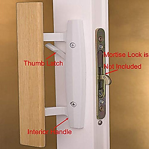 Mortise Style Reversible Sliding Patio Door Handle Set with Oak Wood Interior Handle and Exterior Pull in White Diecast Finish Fits 3-15/16” Screw Hole Spacing, Non-keyed with Latch Locks (White)