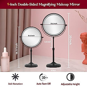 mumianshu 9" Makeup Mirror with Lights and Magnification 10X/1X, 360° Swivel Double Sided 5000 mAh Rechargeable LED Cosmetic Mirror, 3 Color Dimmable Height Adjustable Vanity Desktop Mirror Black