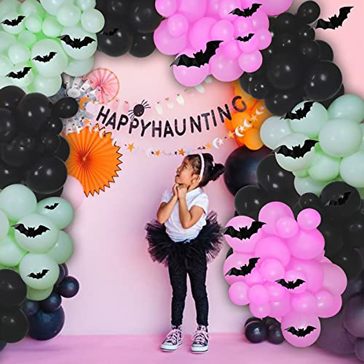HPWF Green Black Pink Balloon Garland Arch Kit-140Pcs Halloween Balloon Garland With Fake Spiders Bat Stickers for Halloween Wedding Girl Baby Shower Little Boo Party Decorations …