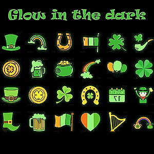 Mocossmy St Patrick's Day Temporary Tattoos Stickers,24 Sheets Glow in the Dark Shamrock Irish Flag Pots of Gold Luminous Tattoos for St Patrick's Day Parade Spring Party Favor Supplies Decoration